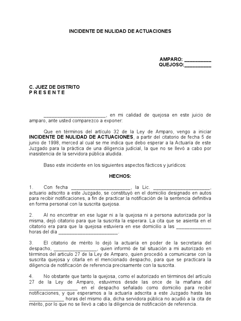 Incidente De Nulidad En Amparo Judicial Pdf Sentencia Ley Caso