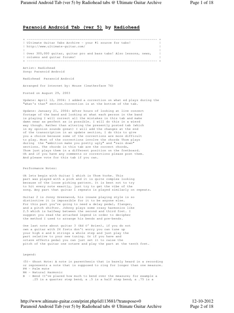 Paranoid Android Tab (Ver 5) by Radiohead | Download Free PDF | Music ...