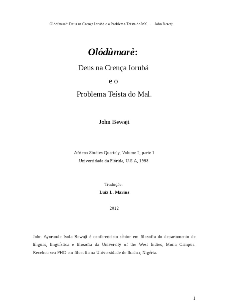 Bewaji, John - Olodumare Deus Na Crença Iorubá e o Problema Teista Do ...