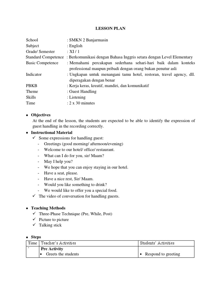 Lesson Plan 1 | PDF | Lesson Plan | Hotel And Accommodation