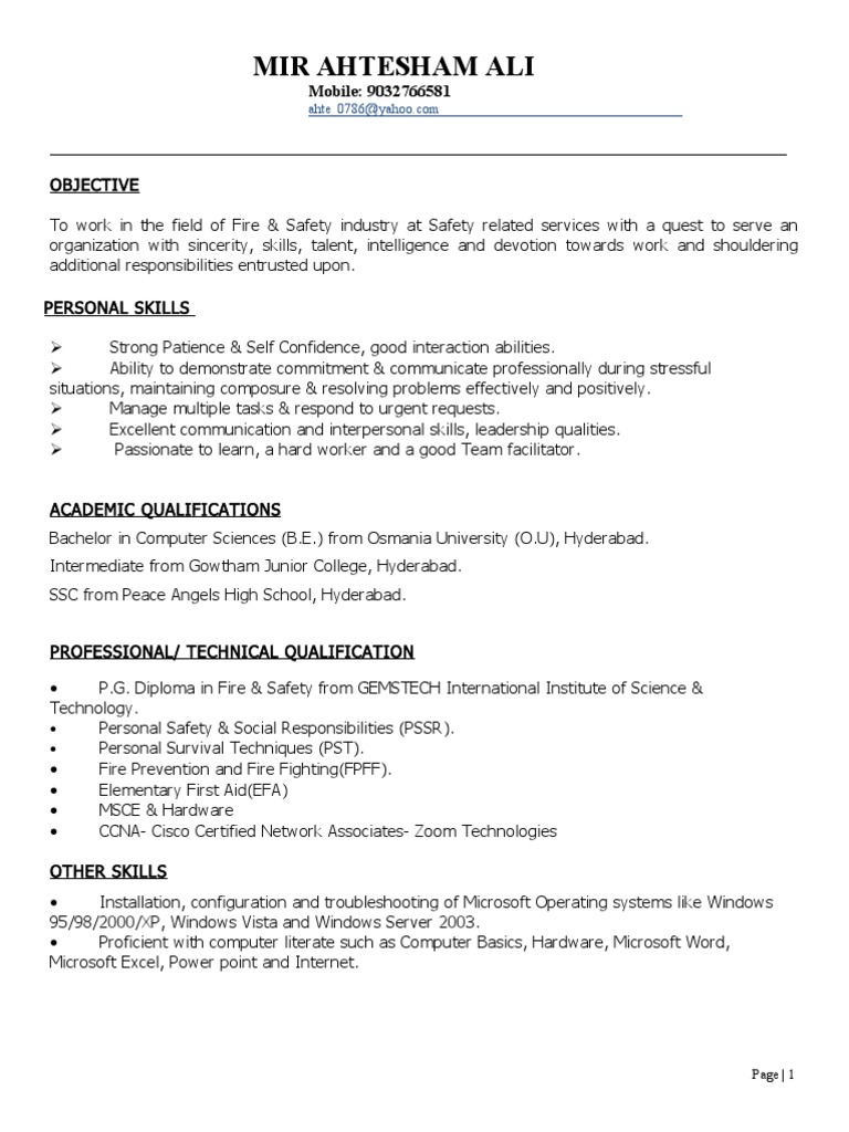 Mir Ahtesham Ali Resume - Fire Safety | PDF