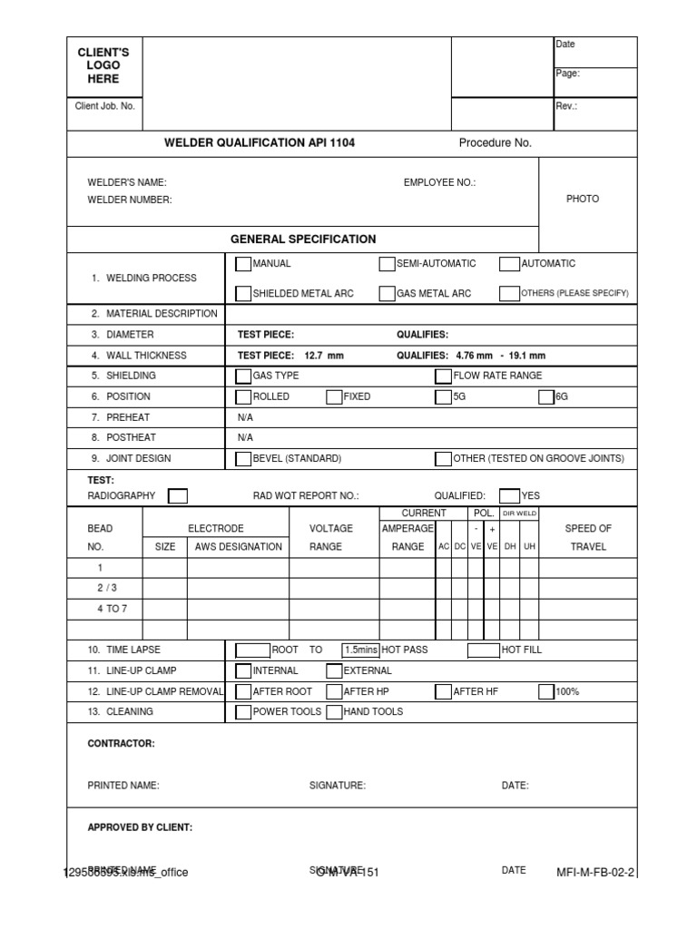 Welder Qualification Report API 1104 | PDF