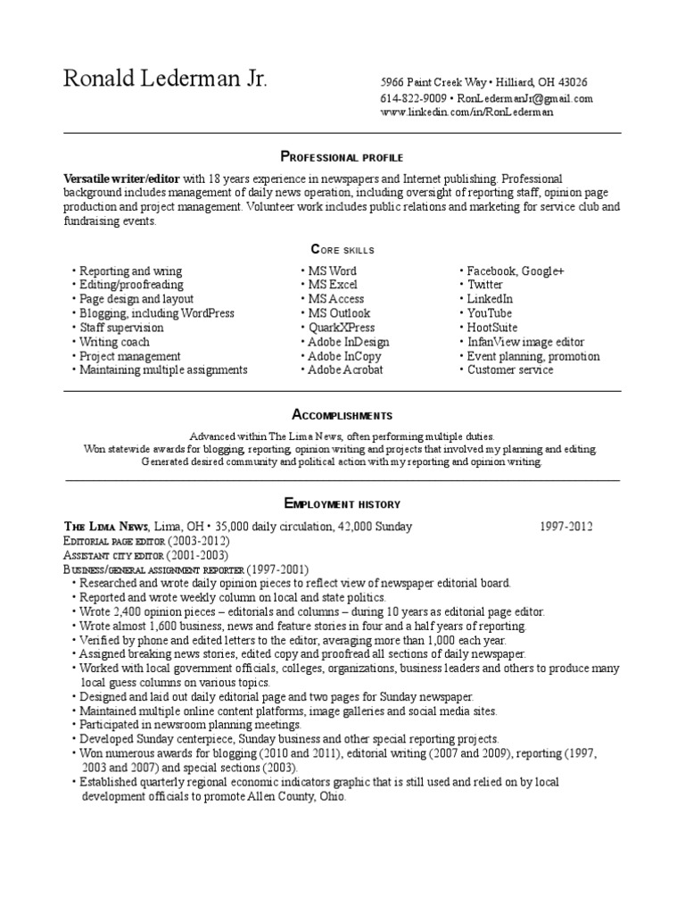 Resume - Ronald Lederman Jr. | PDF | Newspapers | Editing