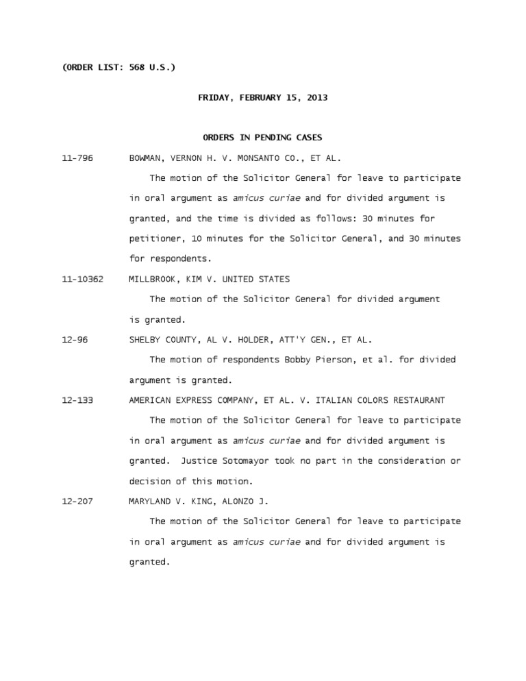 Supreme Court Initial Order List For Granted Petitions - 2/15/2013 | PDF