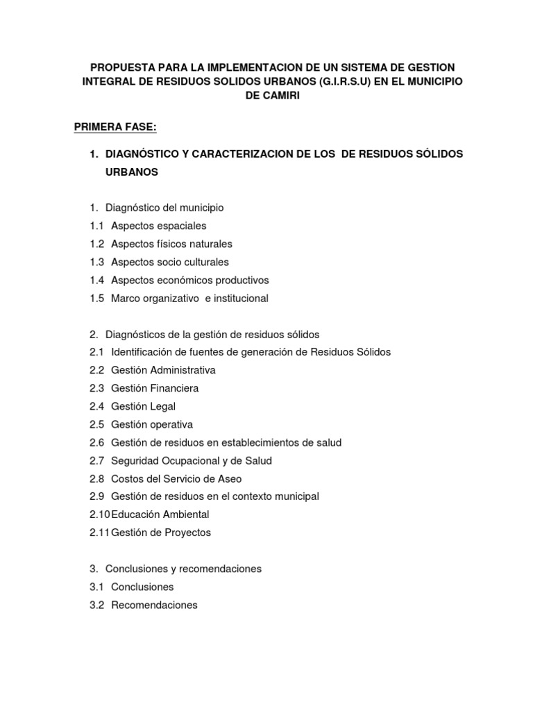 Propuesta para El Municipio de Camiri ' Final | PDF | Vertedero | Residuos