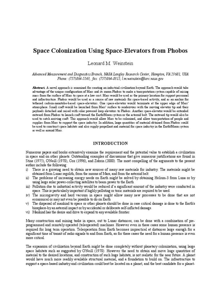 Space Colonization Using Space-Elevators From Phobos: Leonard M. Weinstein | PDF | Mars | Space ...