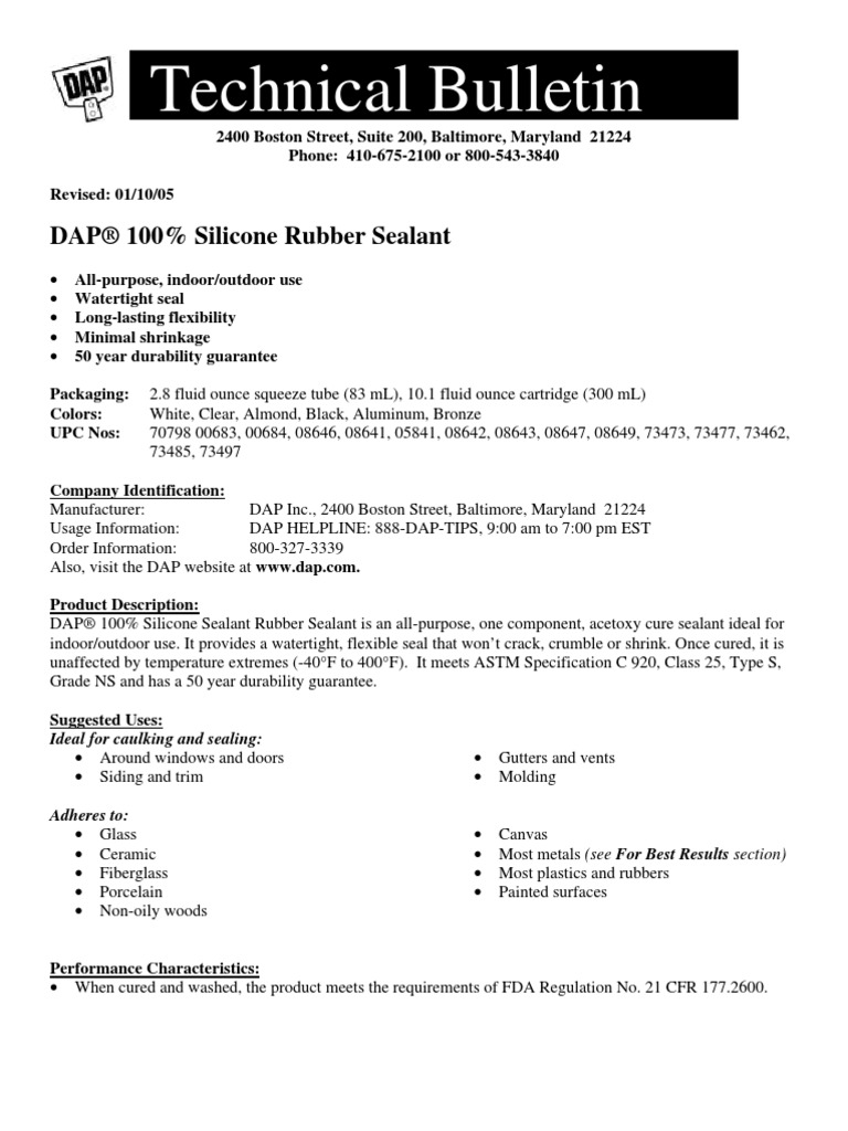 Technical Bulletin: DAP® 100% Silicone Rubber Sealant | PDF | Silicone | Industrial Processes