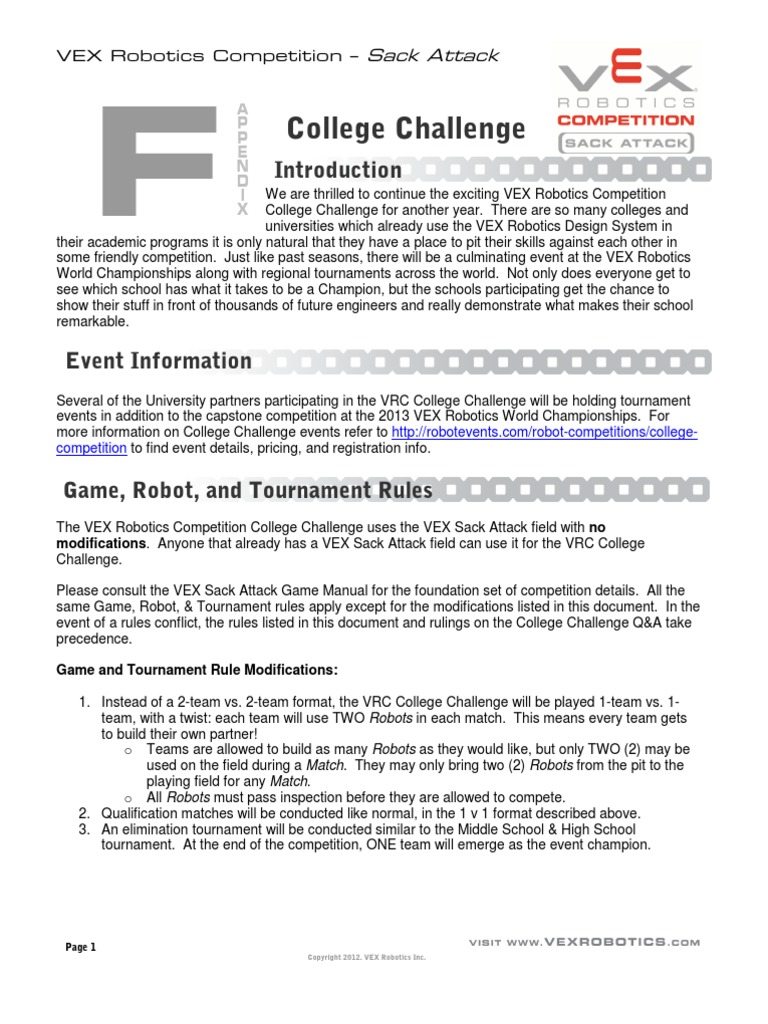 VEX Sack Attack Appendix F College Challenge Rev082312 | PDF | Servomechanism | Robot