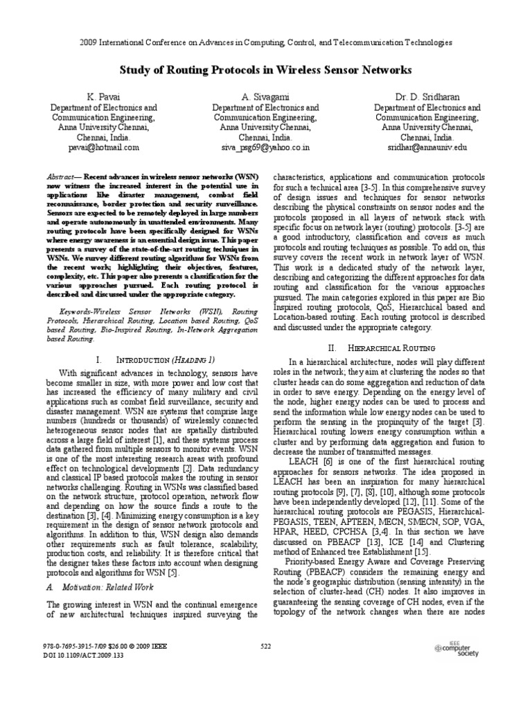 Study of Routing Protocols in Wireless Sensor Networks: K. Pavai A. Sivagami Dr. D. Sridharan ...