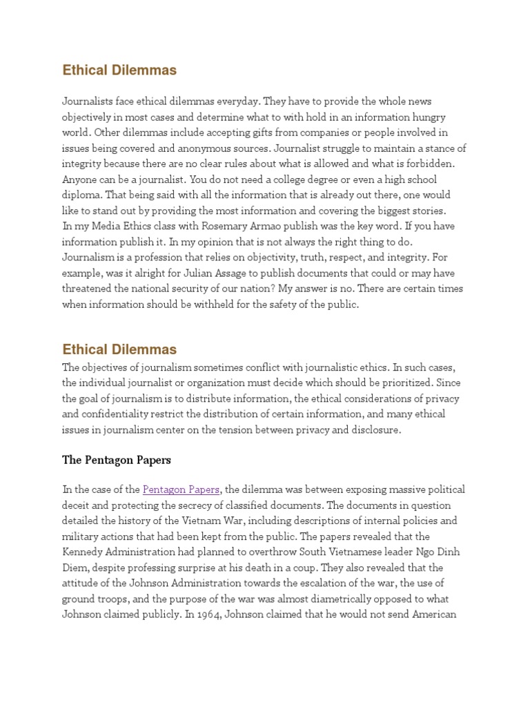 Ethical Dilemmas in Journalism Today | PDF | Pentagon Papers | Journalism