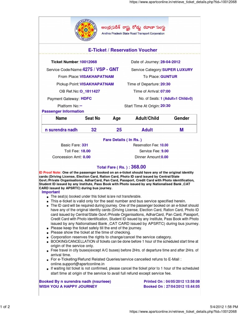 Apsrtc Ticket | Download Free PDF | Identity Document | Ticket (Admission)