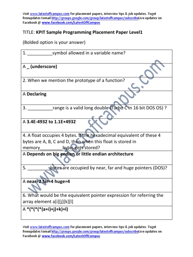 Kpit Sample Programming Placement Paper Level1 Pdf Constructor Object Oriented Programming