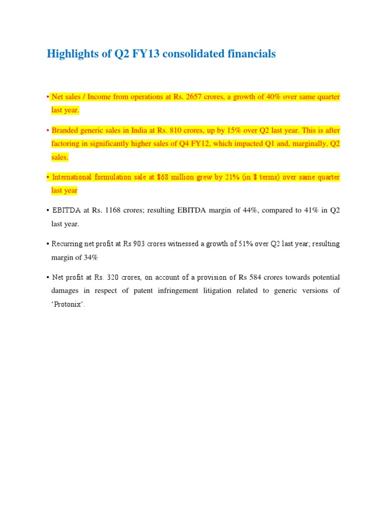 Q2 FY13 Financial Highlights | PDF | Profit (Accounting) | Generic Drug