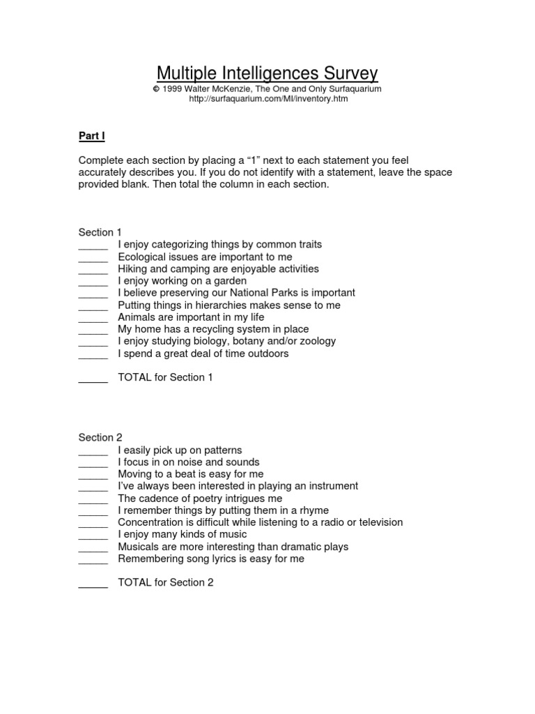 Multiple Intelligence Inventory Survey | Mind | Cognition