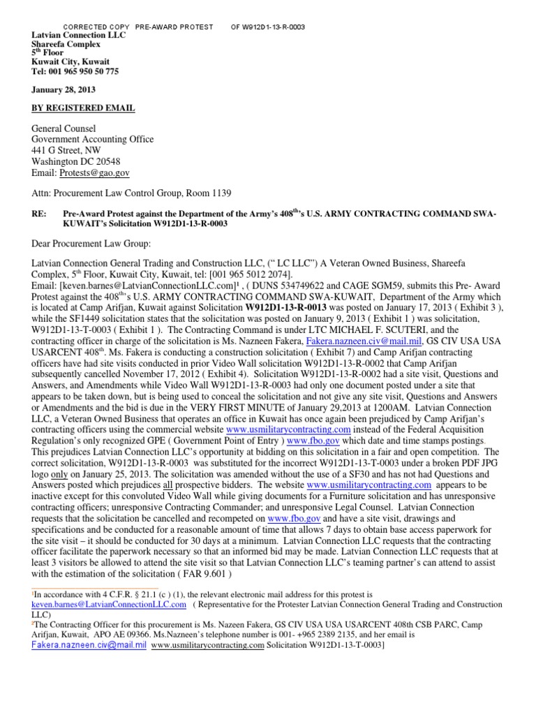 Bid Protest Gao W912D1-13-R-0003 28 Jan 2013 (Corrected Copy) | PDF ...