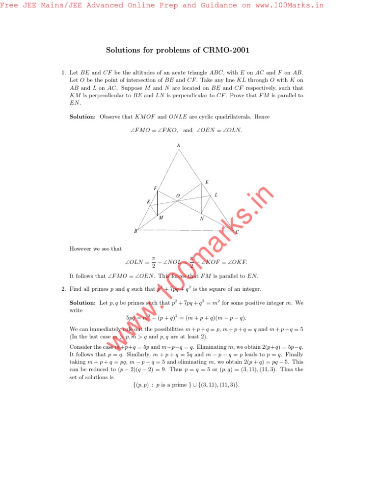 Rmo-Sol-2001 Previous Year Question Papers of Regional Mathematical ...