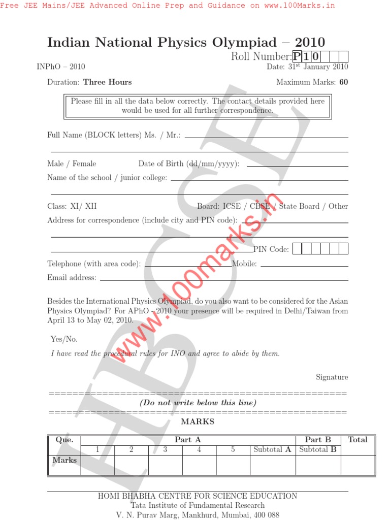 INPhO 2010 Question Paper | PDF | Electric Charge | Ion