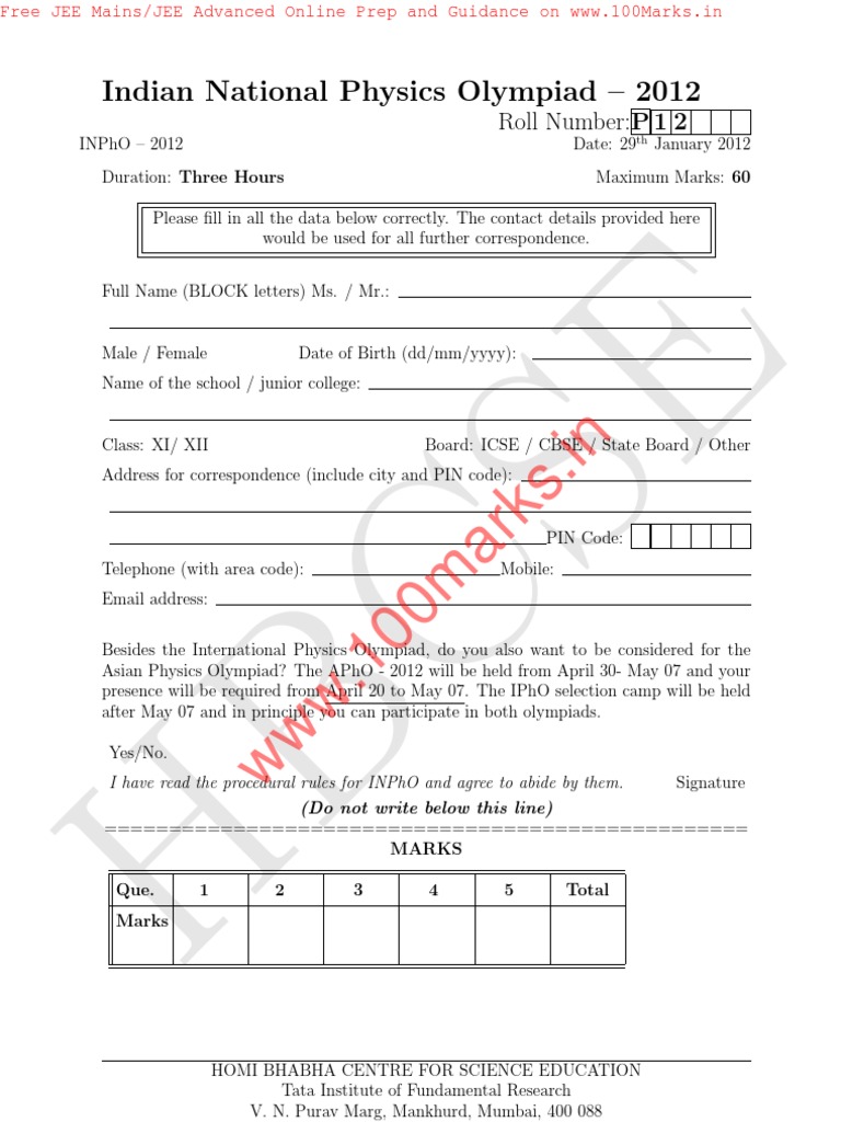 inpho-2012 Previous year Question Papers of Indian National Physics ...