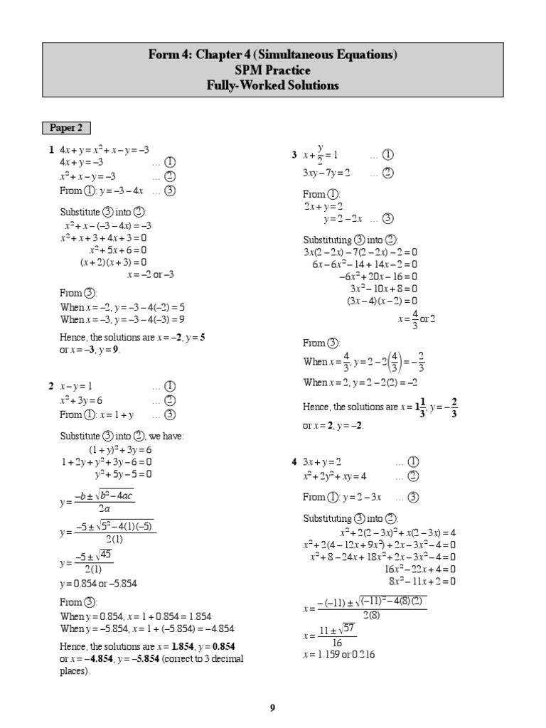 Form 4: Chapter 4 (Simultaneous Equations) SPM Practice Fully-Worked ...