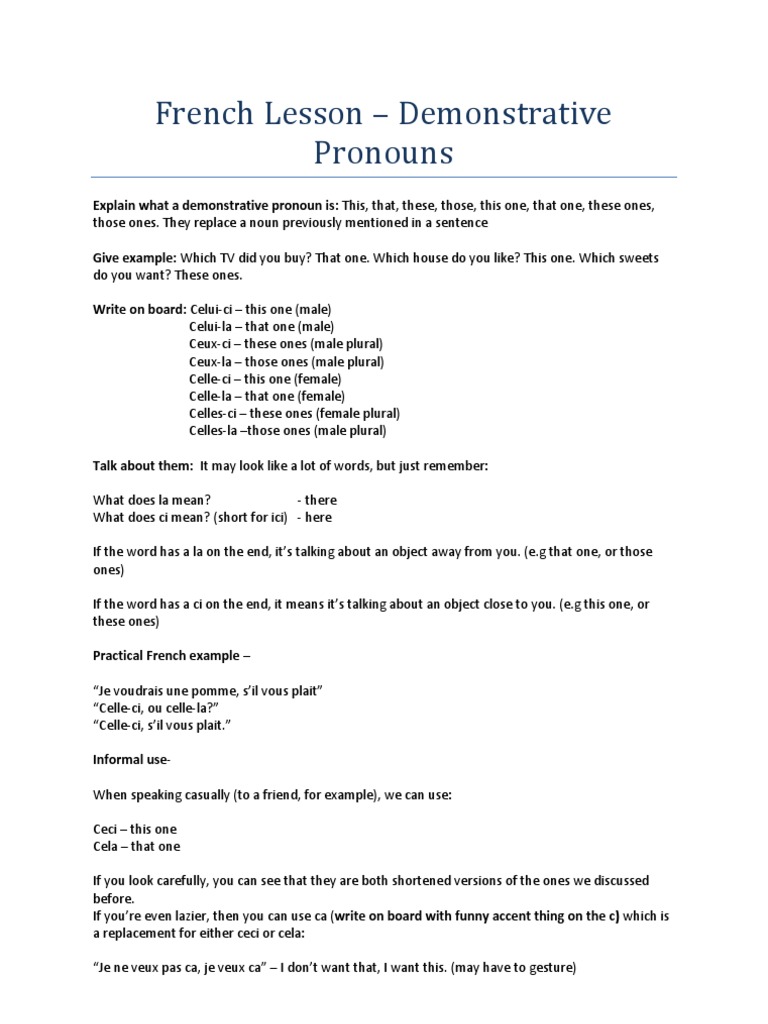 Grade 2 French Demonstrative Pronouns Lesson | PDF | Plural | Pronoun
