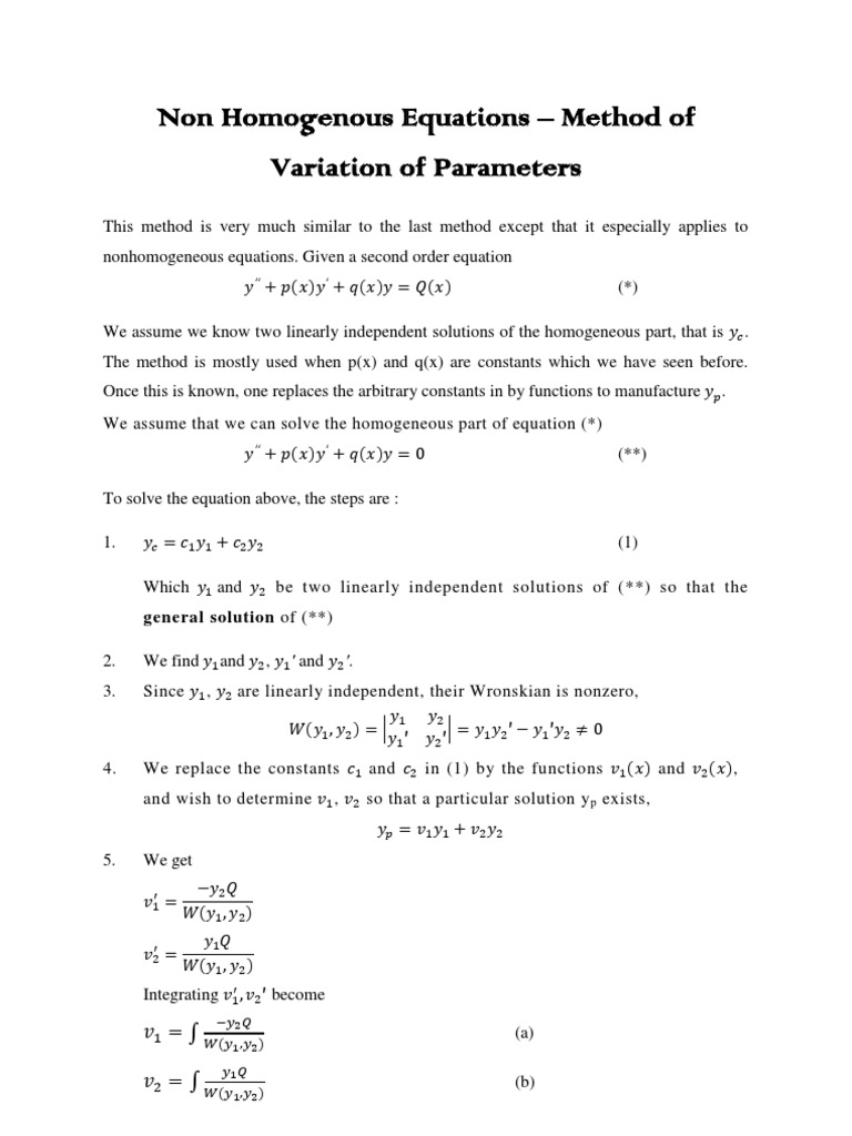 Non Homogenous Equations - Method of Variation of Parameters | PDF