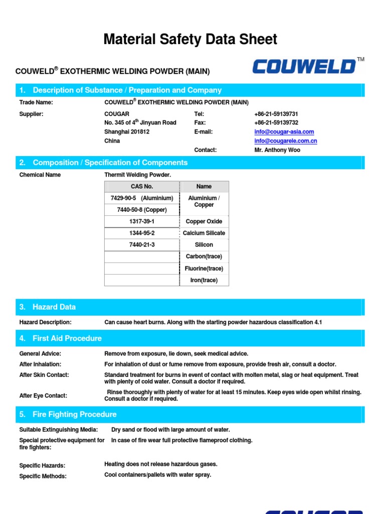MSDS COUWELD Exhothermic Weld Main | PDF | Welding | Construction