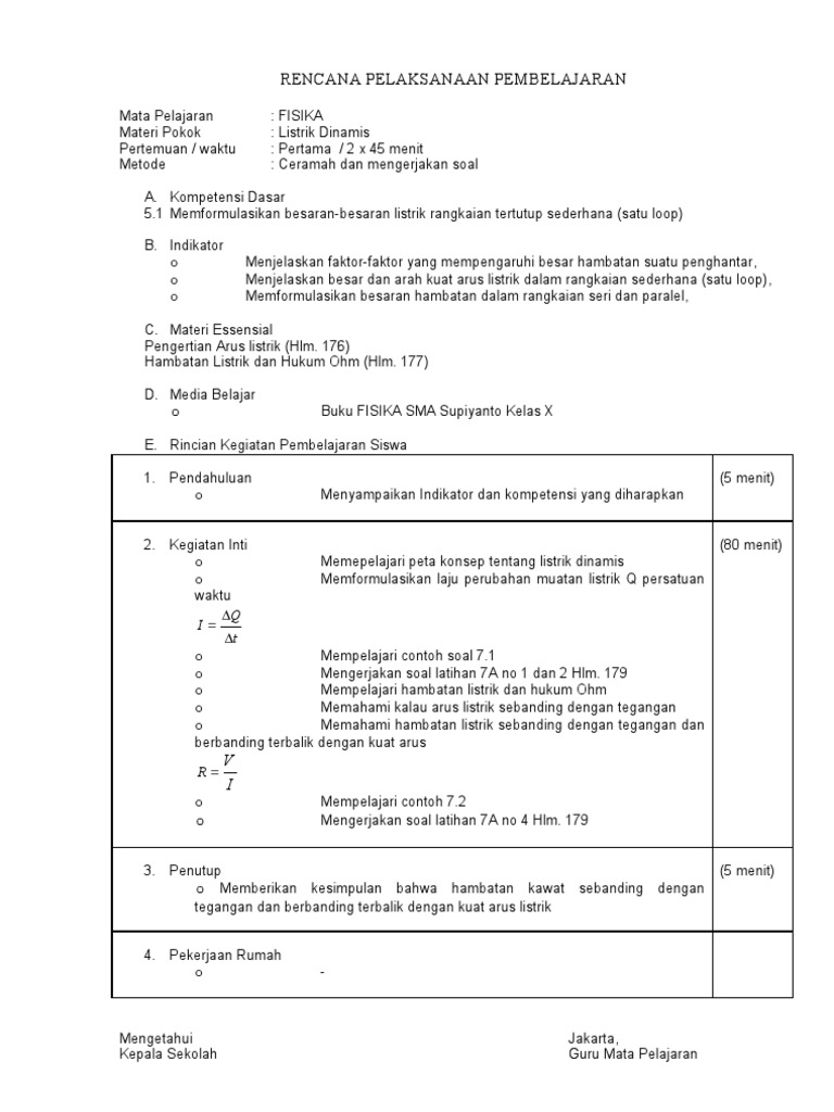RPP KD 5.1 Listrik Dinamis | PDF