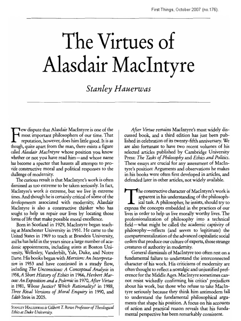 Philosophy. Ethics. The Virtues of Alasdair MacIntyre. Hauerwas ...