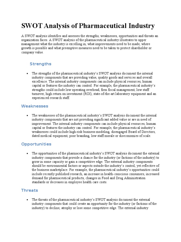 SWOT Analysis of Pharmaceutical Industry | PDF | Swot Analysis ...