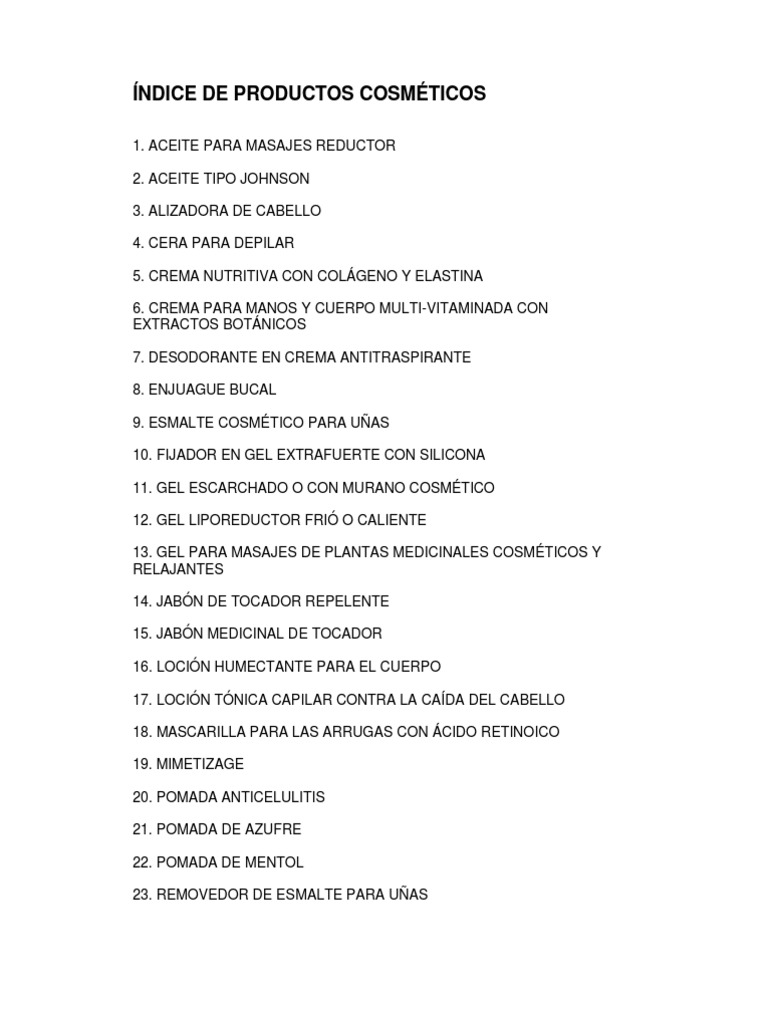 Ndice de Productos Cosm Ticos PDF | PDF | Jabón | Aluminio