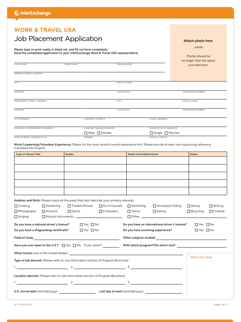 Work & Travel USA Job Application Form | PDF | Government Information ...