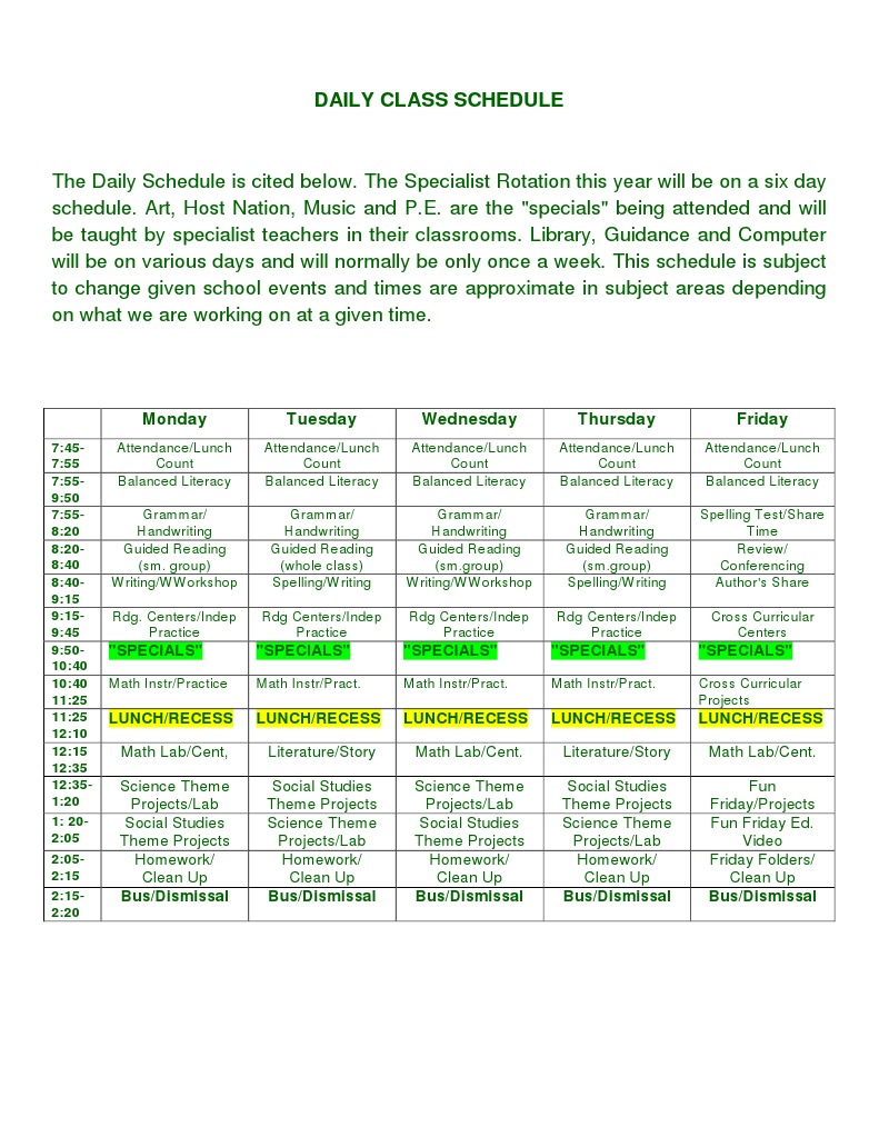 Daily Class Schedule Overview | PDF