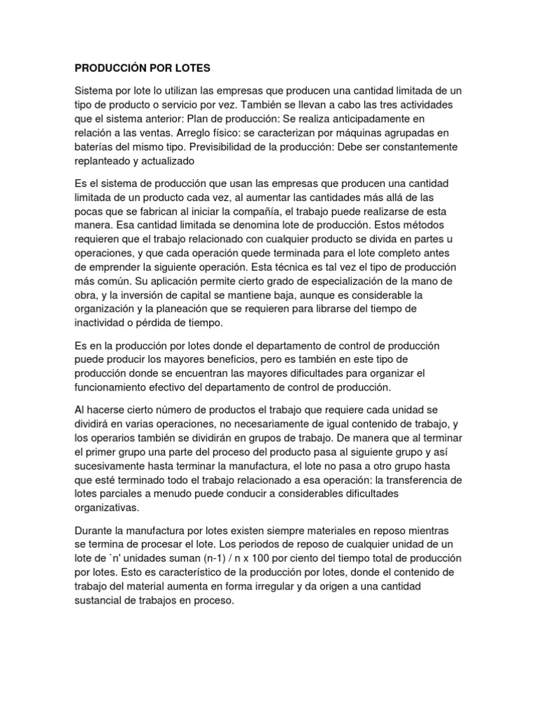 Producción por Lotes: Sistema y Desafíos | PDF | Planificación ...