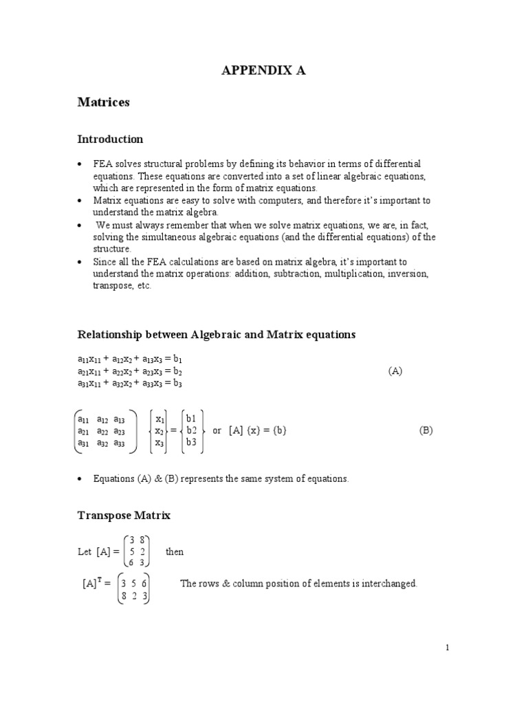 FEA Appendix A Matrix Algebra | PDF | Matrix (Mathematics) | Equations