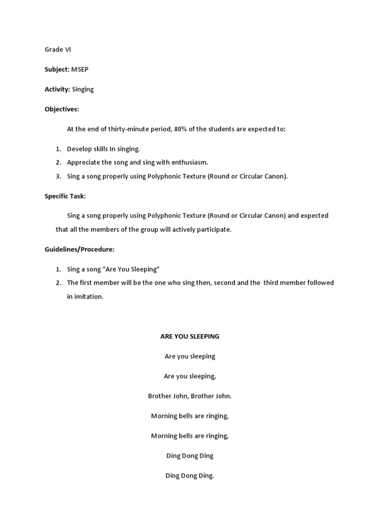 Grade VI MSEP Singing Activity | PDF