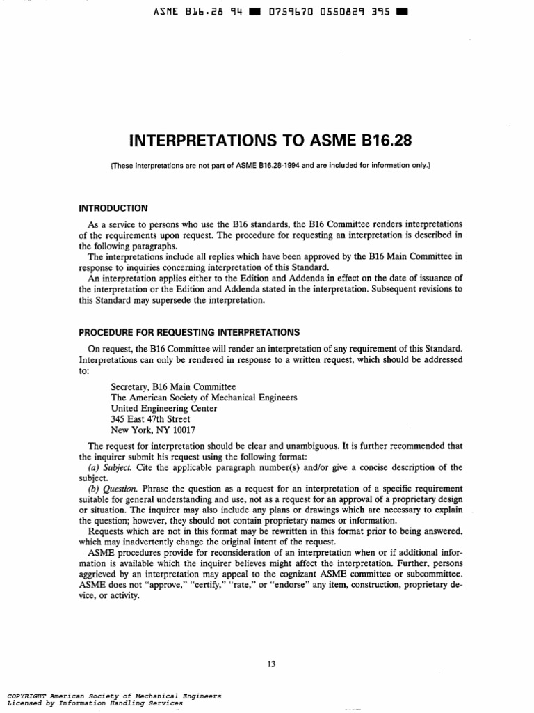 Interpretations TO ASME B16.28: (These Interpretations Are Not Part of ...