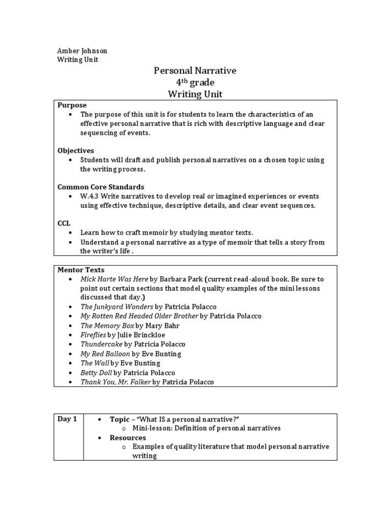 Personal Narrative Writing Unit | PDF | Narrative | Ellipsis