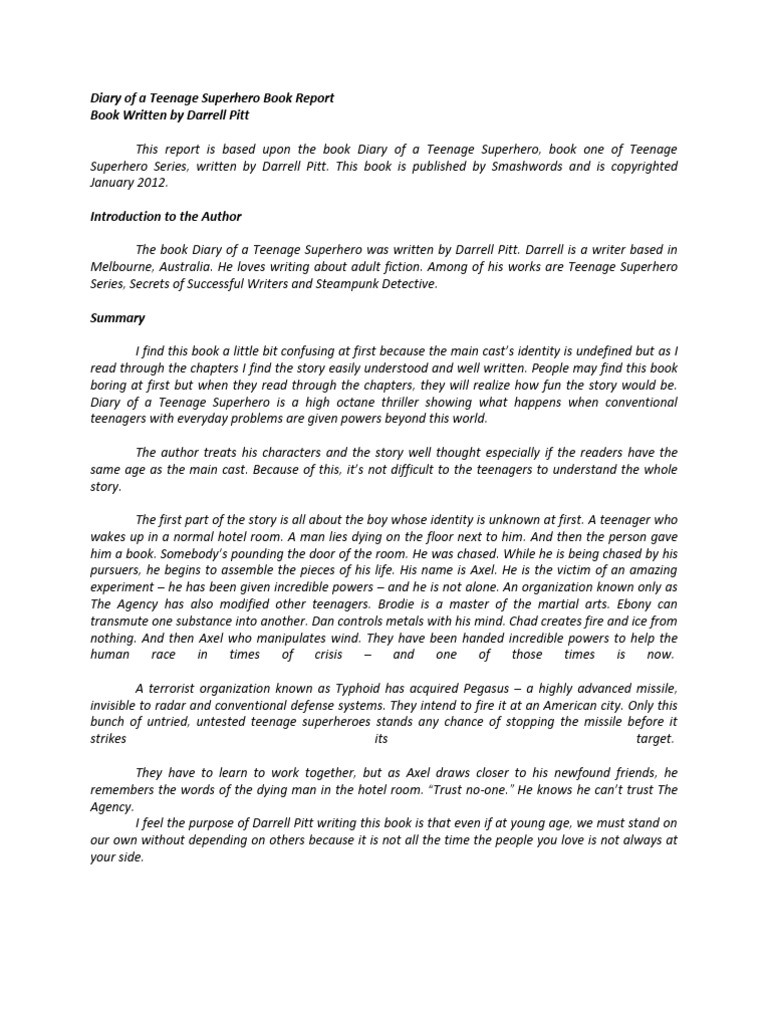 Diary of A Teenage Superhero Book Report | PDF | Leisure