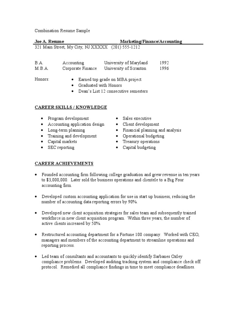 Combination Resume Sample | PDF | Master Of Business Administration ...