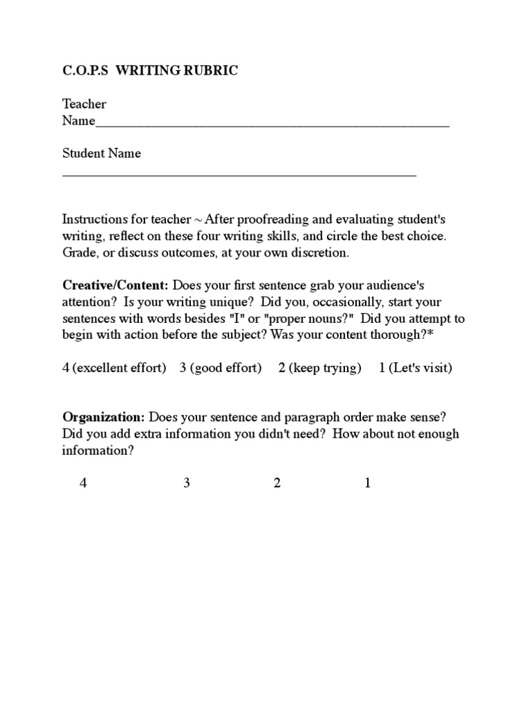 COPS Writing Rubric | PDF