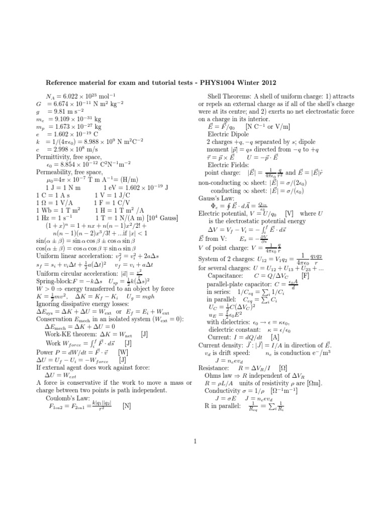 Phys 1004 - Cheat - Sheet. Electromagnetism and Waves | PDF | Magnetic ... Phys 1004 - Cheat - Sheet. Electromagnetism and Waves | PDF | Magnetic ...
