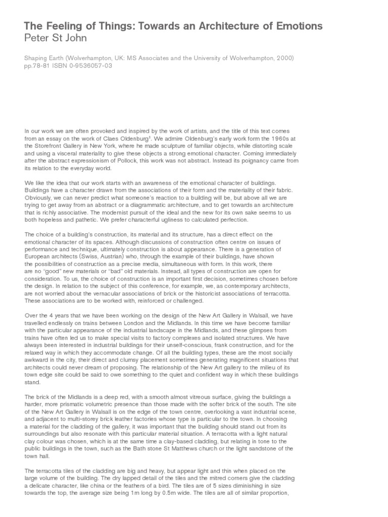 The Feeling of Things Towards An Architecture of Emotions | PDF ...