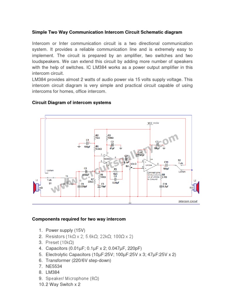 Simple Two Way Communication Intercom Circuit Schematic Diagram | PDF | Amplifier | Loudspeaker