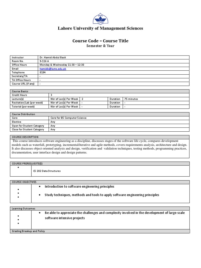 Course Overview and Syllabus for Software Engineering at Lahore ...