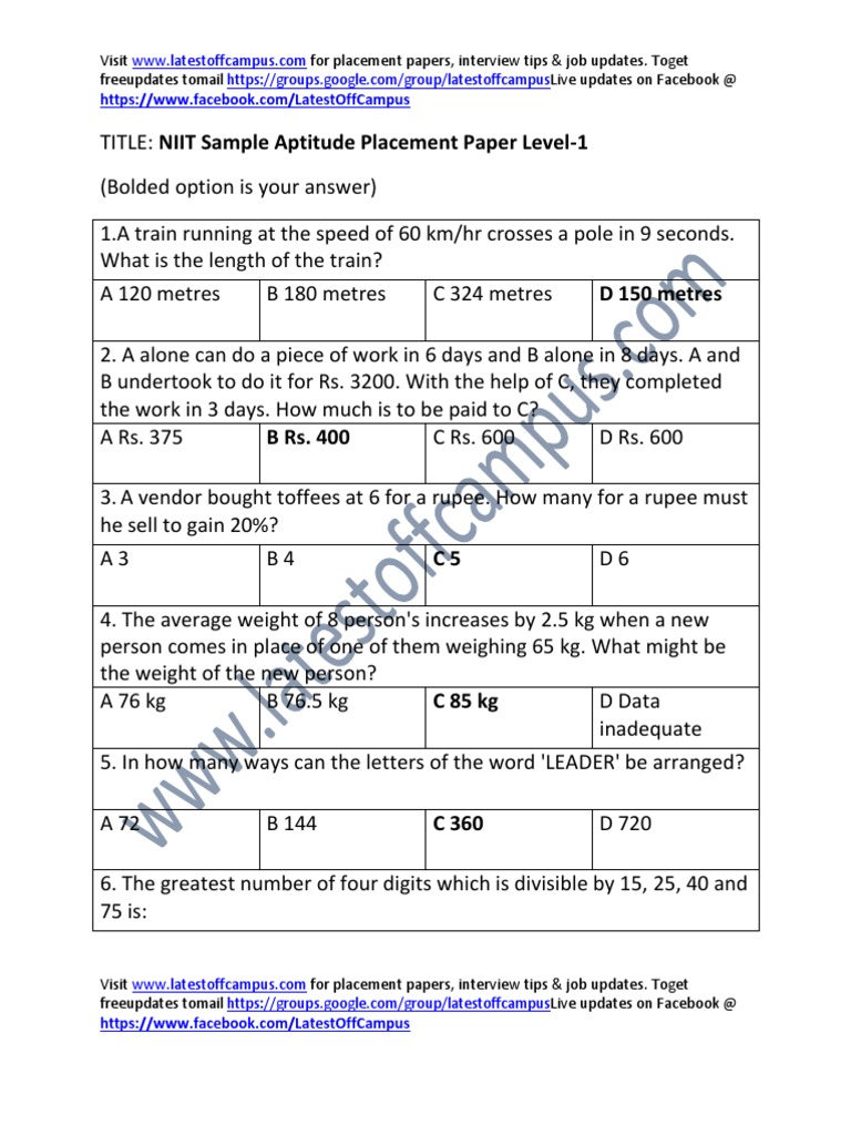 NIIT Sample Aptitude Placement Paper Level-1 | PDF | Investing | Business