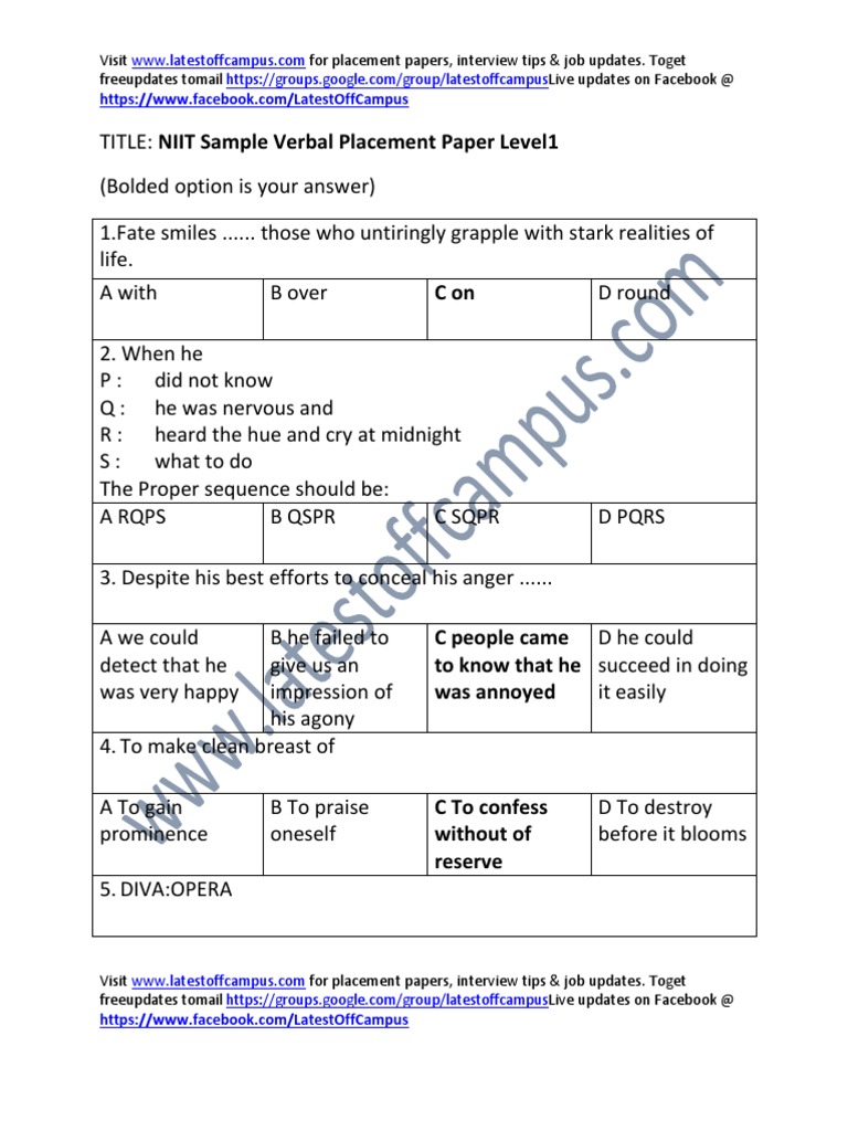 NIIT Sample Verbal Placement Paper Level-1 | PDF