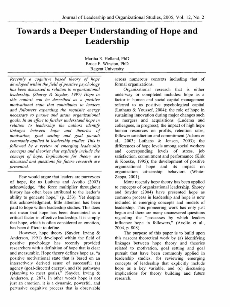 Towards A Deeper Understanding of Hope and Leadership | PDF | Hope ...