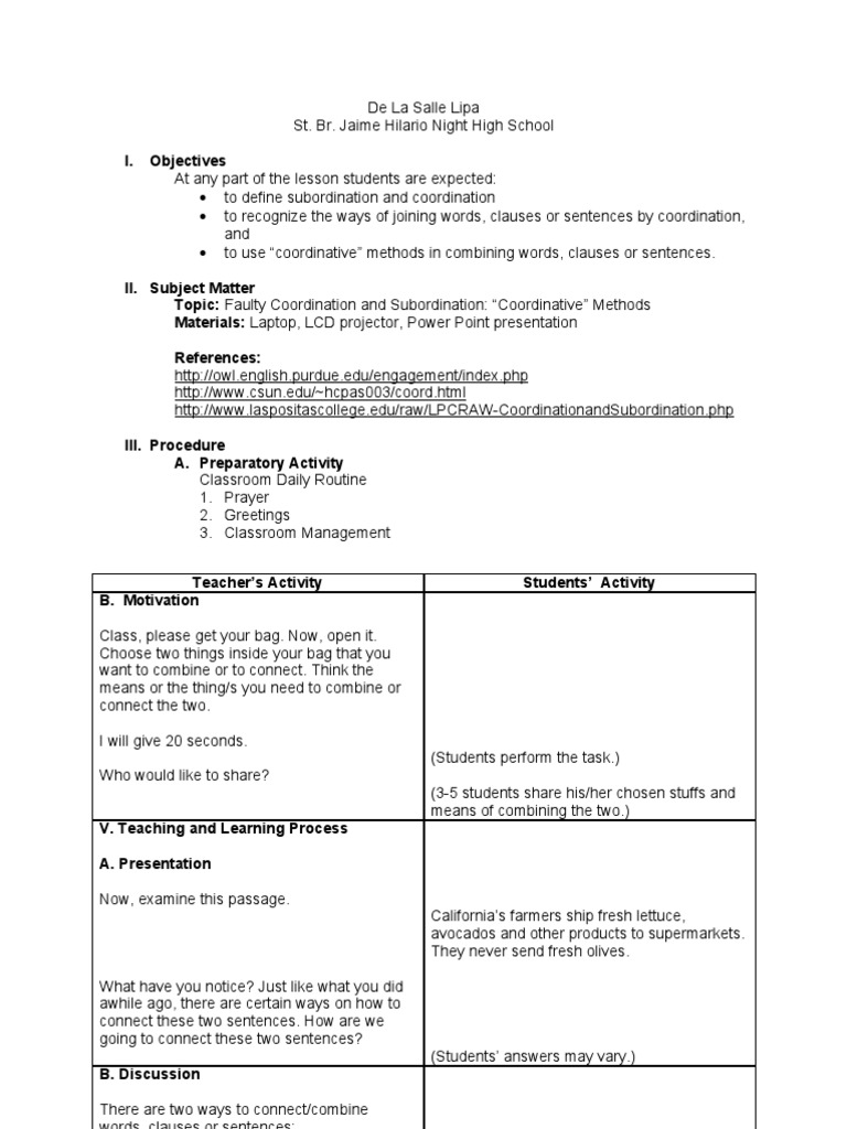 Lesson Plan 1: Faulty Coordination and Subordination | Language ...