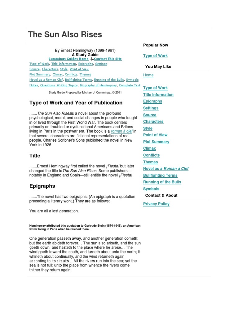 The Sun Also Rises | PDF | Bullfighting | Ernest Hemingway